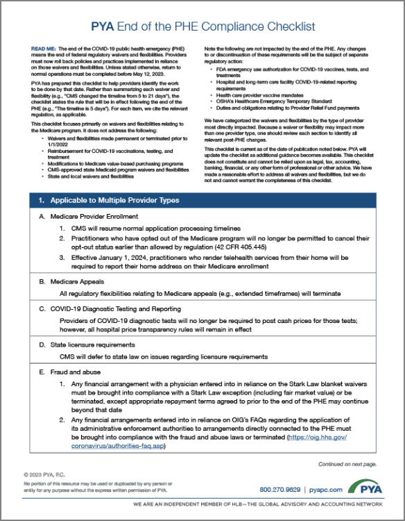 PYA | New Resource: End of PHE Compliance Checklist